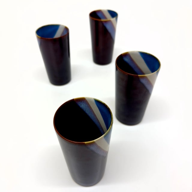 Artisanal 1970s-Style Brown and Blue Ceramic Beakers - Set of 4 | Chairish