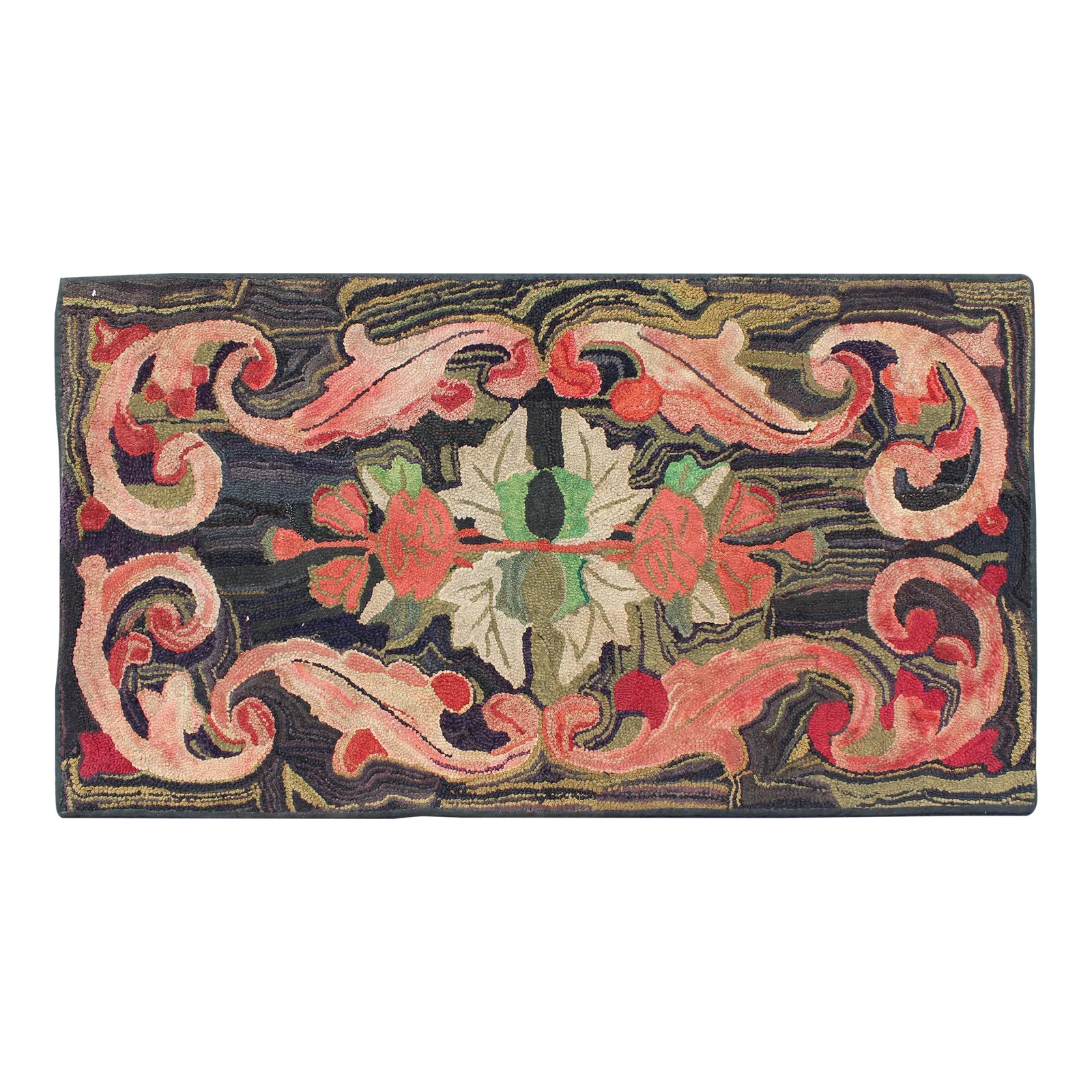 Charcoal, Red, and Green Antique American Hooked Rug With Large Flower ...