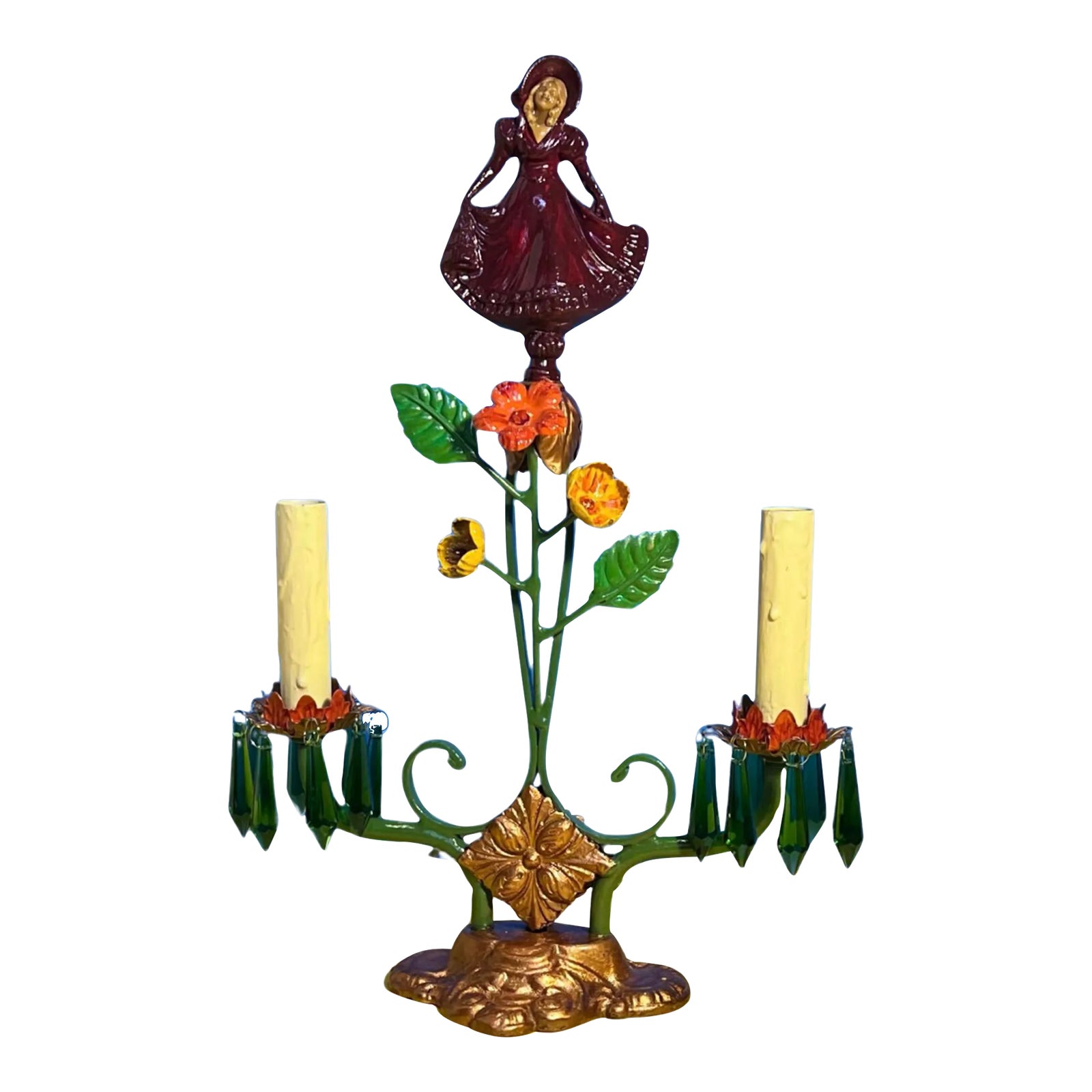 Antique Candelabra Table Lamp: Ivorine Girl,tole Flowers | Chairish