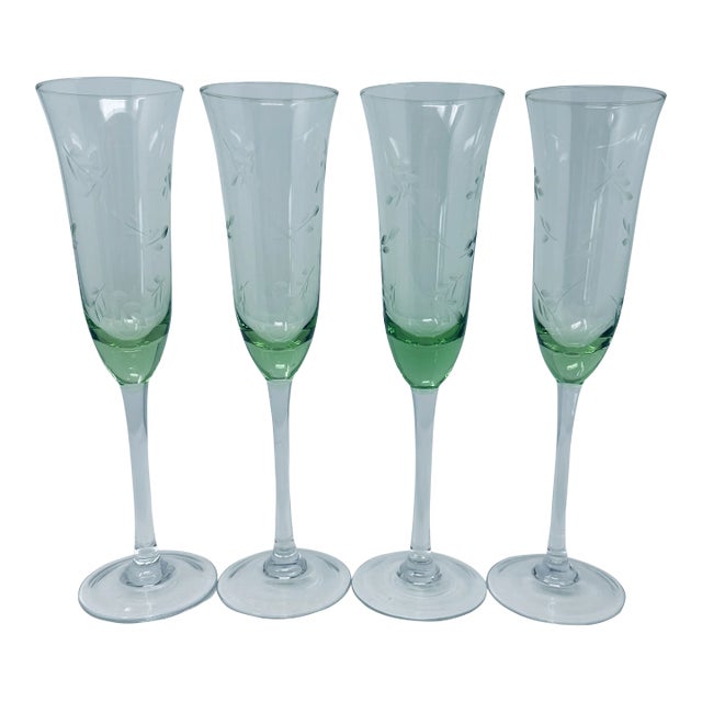 Vintage Green Colored Glass Champagne Flutes With Etched Floral Leaves ...