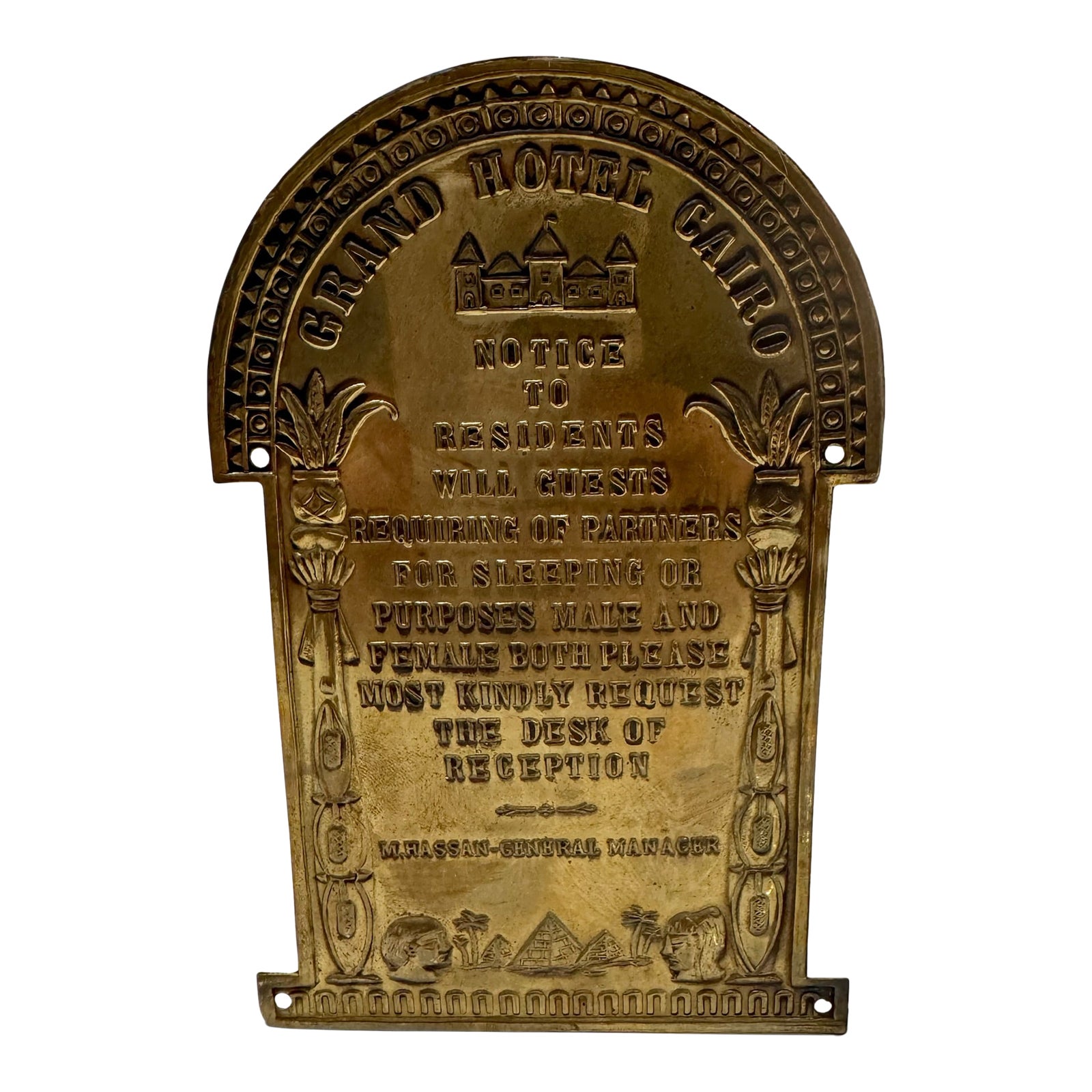 Vintage Grand Hotel Cairo Cast Brass Sign Egyptian Revival Hotel Notice ...