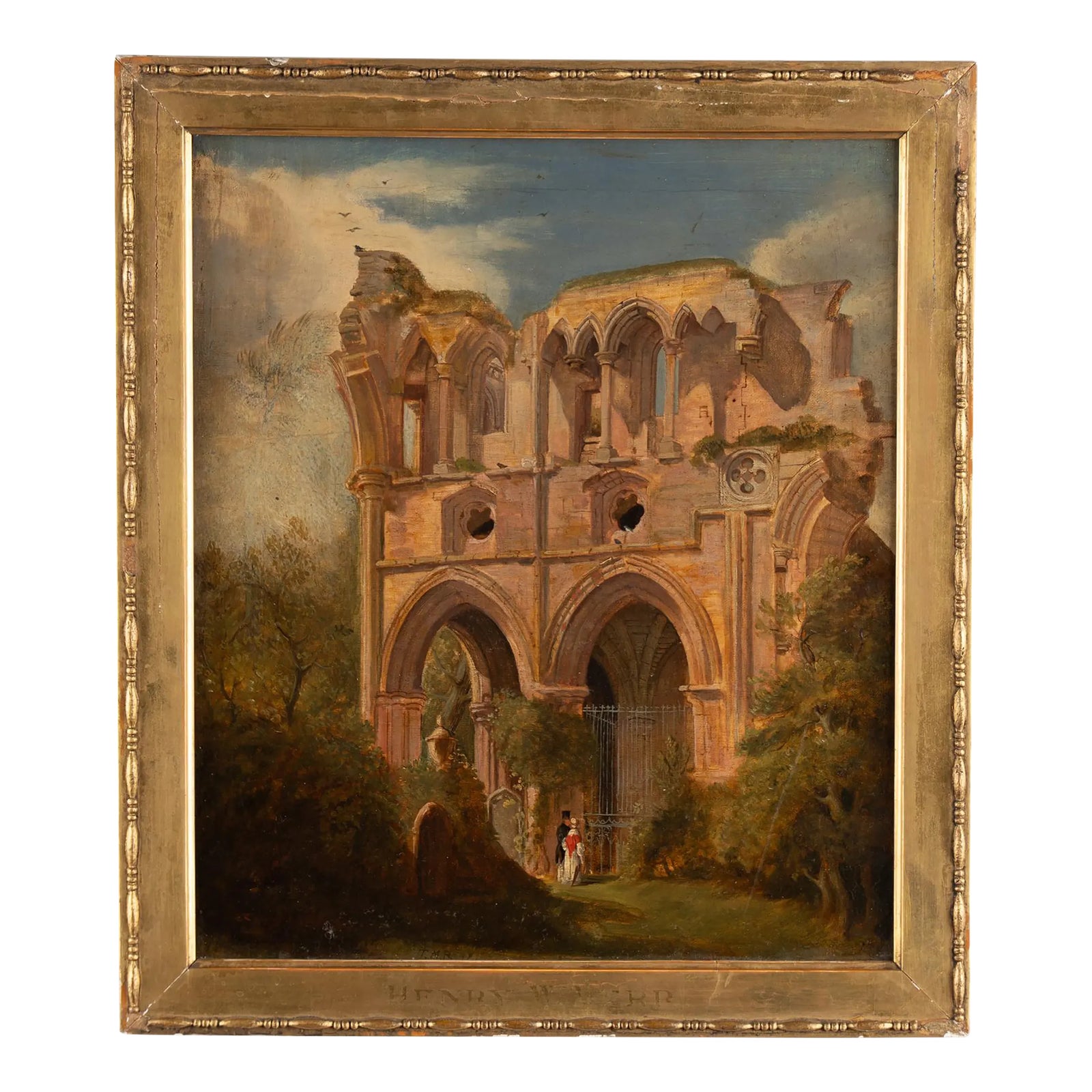19th Century Original Oil Painting of Dryburgh Abbey and Tomb of Walter ...