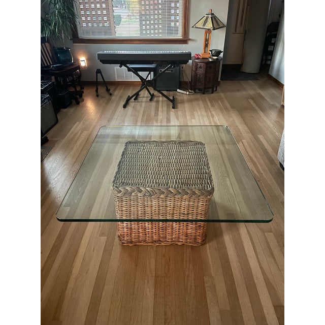 Organic Modern Large Glass Coffee Table With Rattan Base | Chairish