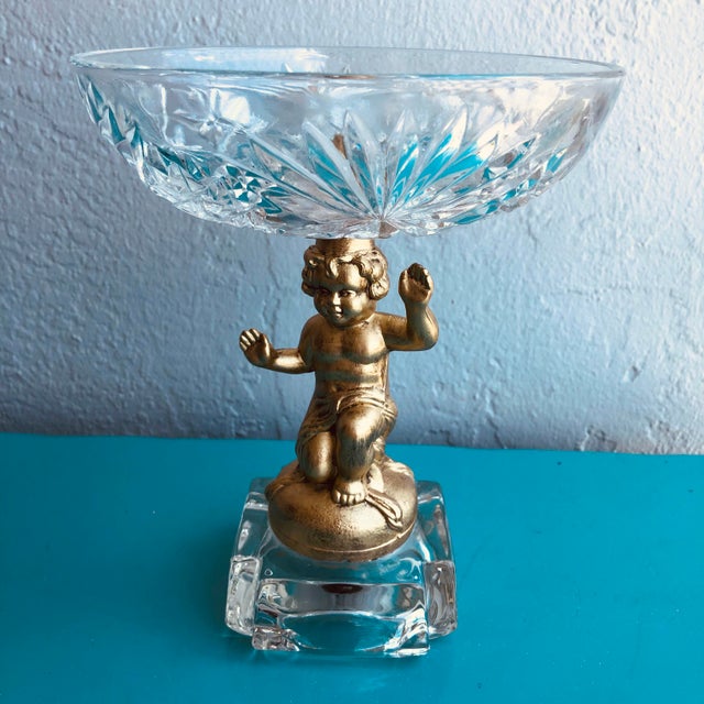 Vintage Crystal Brass Metal Glass Compote Cherub Pedestal Bowl | Chairish