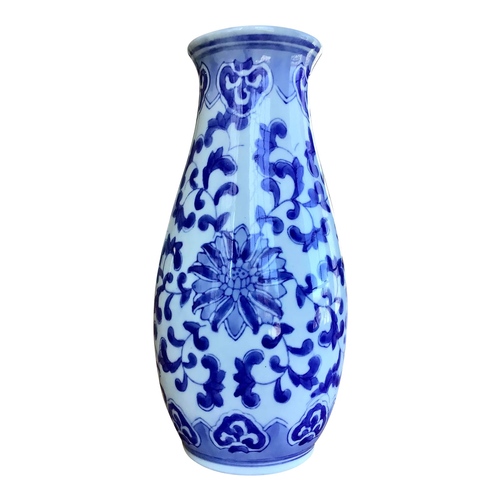 Vintage Chinese Blue & White Patterned Vase | Chairish