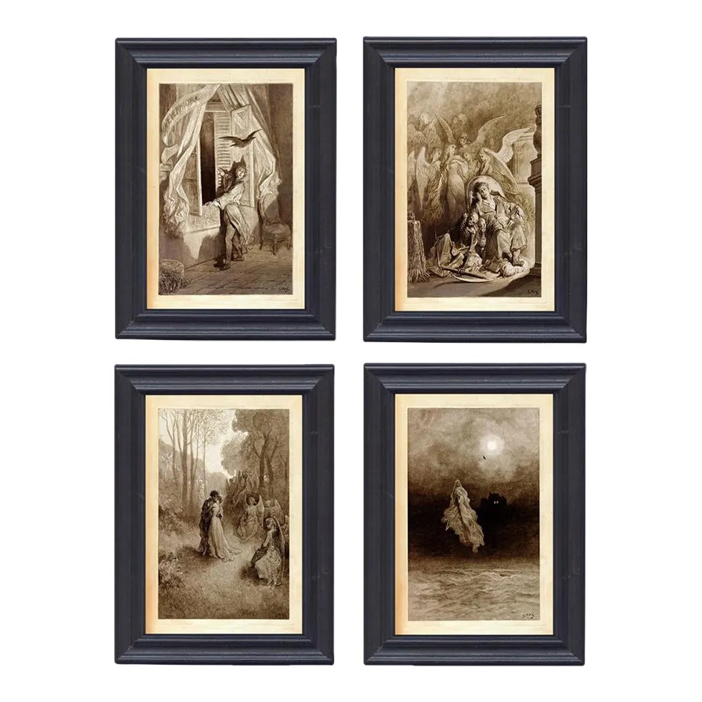 Set of 4 the Raven Edgar Allan Poe Framed Illustration Prints | Chairish
