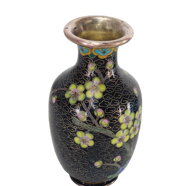 Chinese Cloisonné Black Floral Vase 4.5" | Chairish
