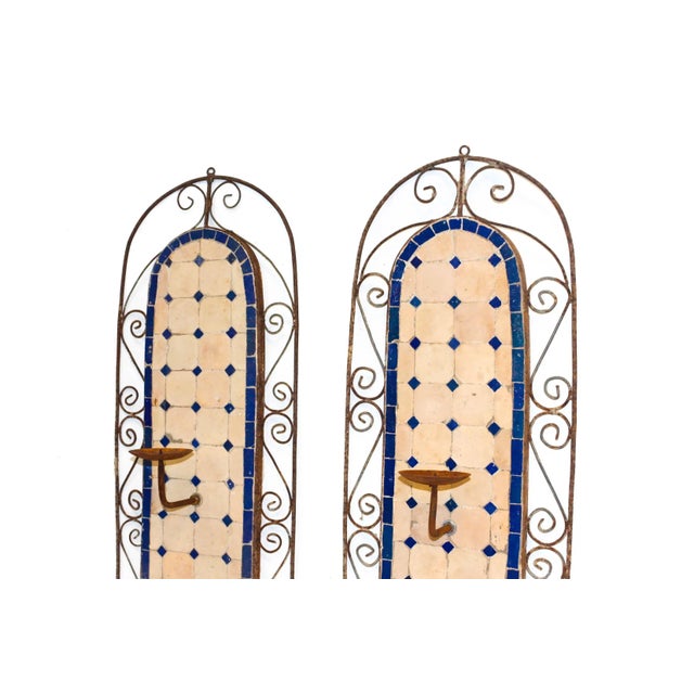 Terracotta Tile Wall Sconce With Candle Cup Blue Accents | Chairish