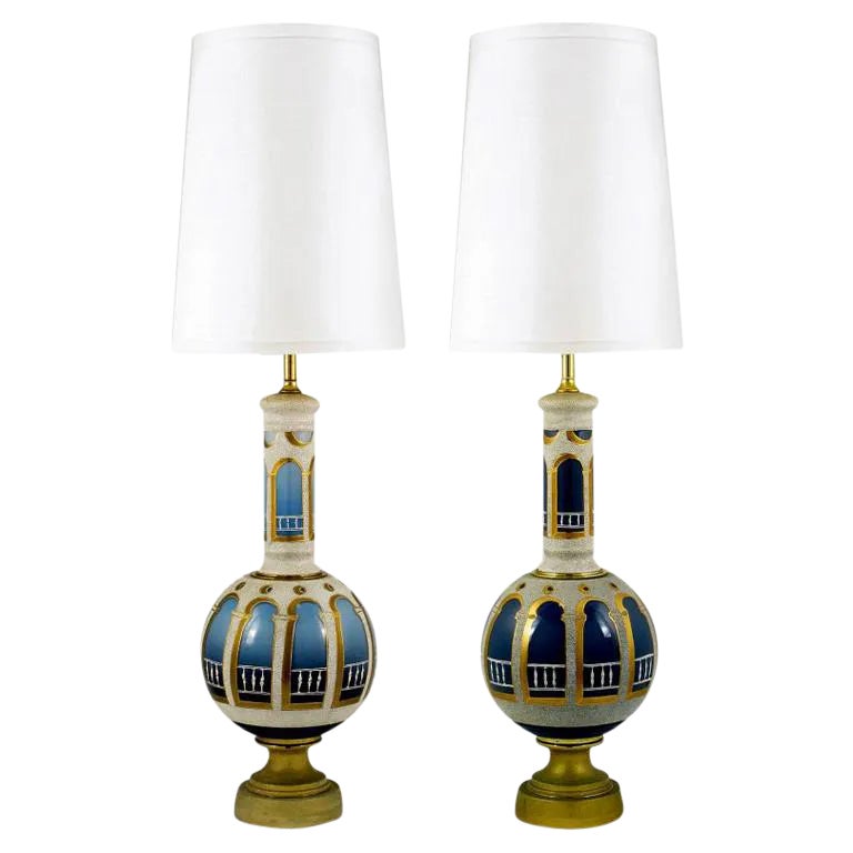 Reverse Painted & Gilded Blue Glass Table Lamps - a Pair | Chairish