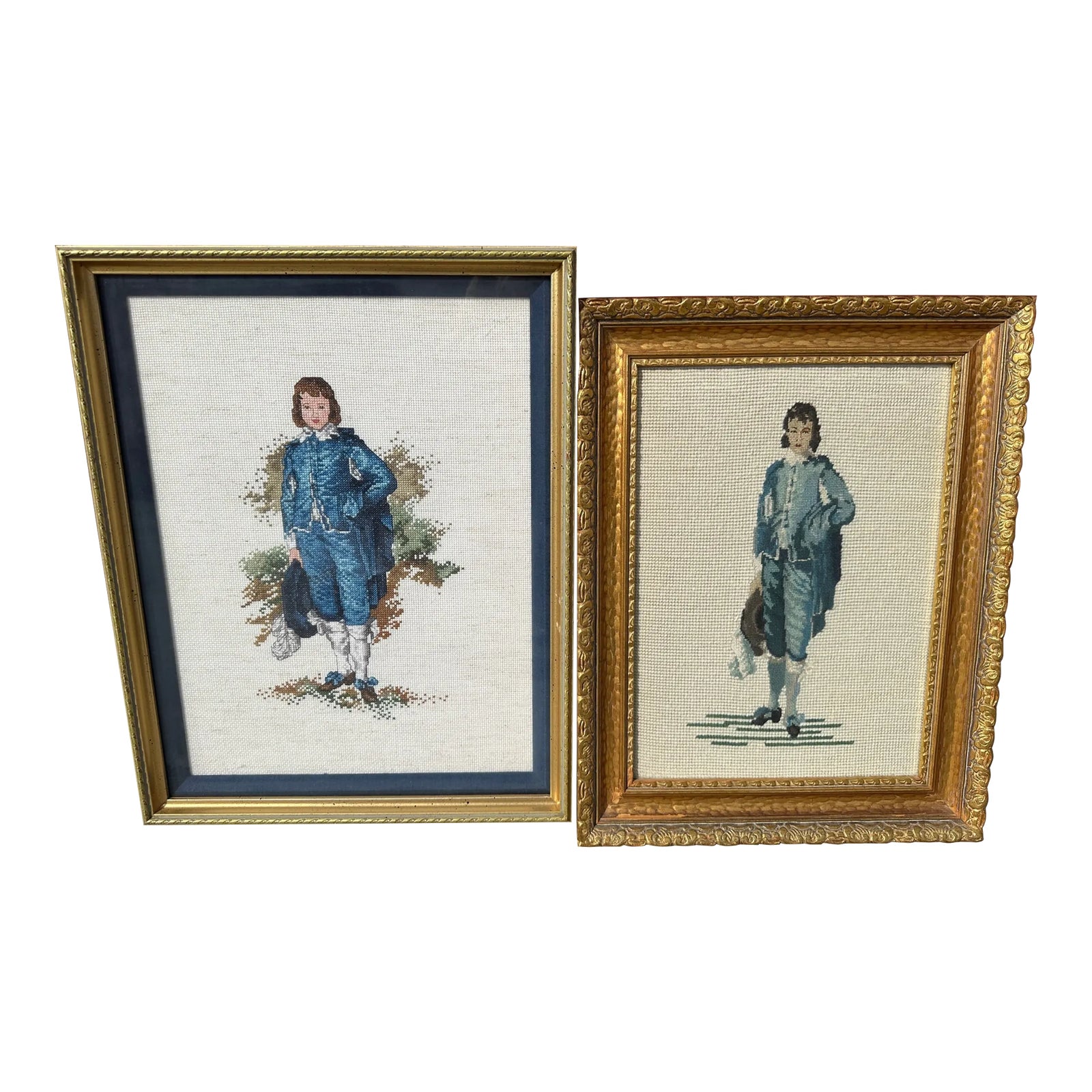 Vintage Blue Boy Needlepoint Framed Art | Chairish