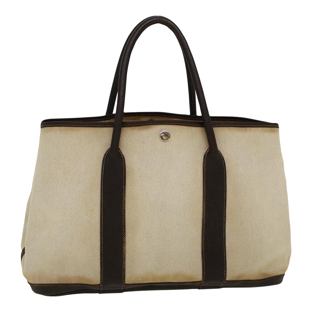 Hermes Garden Party Pm Hand Bag Canvas Leather Brown White Auth Bs8814 | Chairish