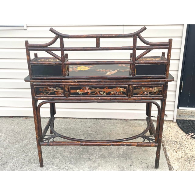 Fine Vintage Chinoiserie Scorched Bamboo Writing Desk | Chairish
