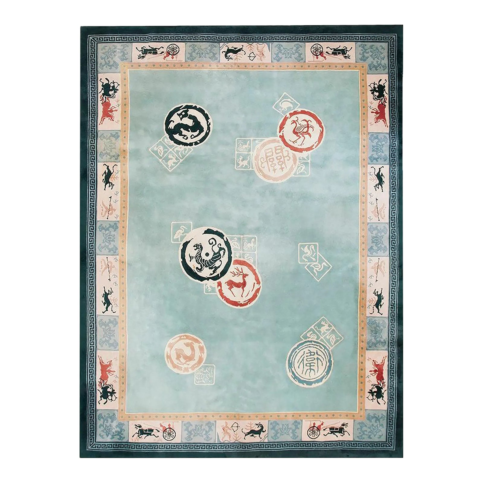 1980s Sky Blue Animal Vintage Chinese Art Deco Rug 9' X 12'3 ...