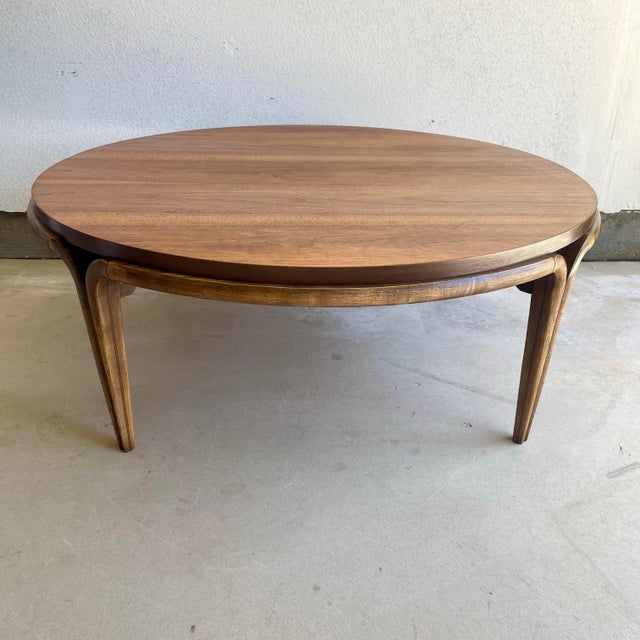 1960s Mid Century Modern Walnut & Oak Round Coffee Table W Bent Curved ...