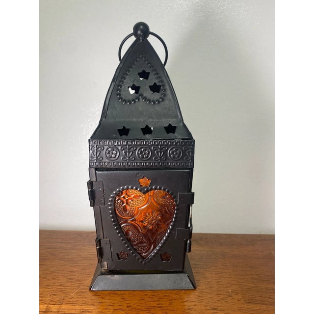 Moroccan Style Metal Lantern Candle Holder – Vintage Heart Glass Panels ...