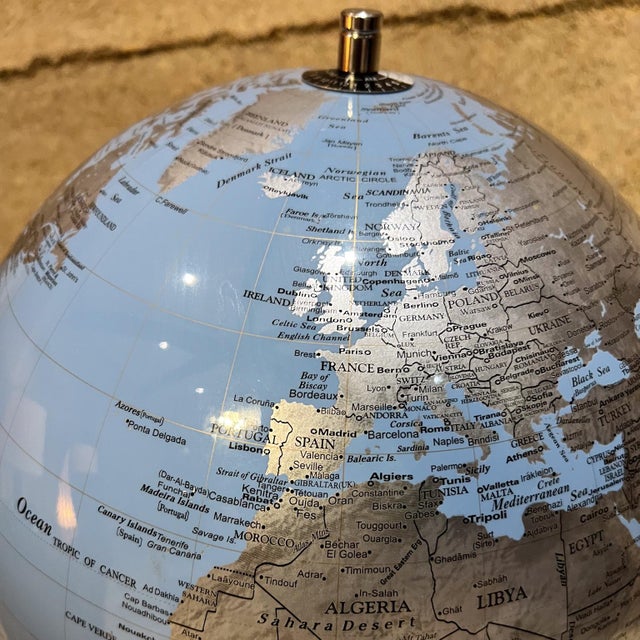 Modernist Design World Vision Globe Blue and Silver Chrome Base Denmark ...