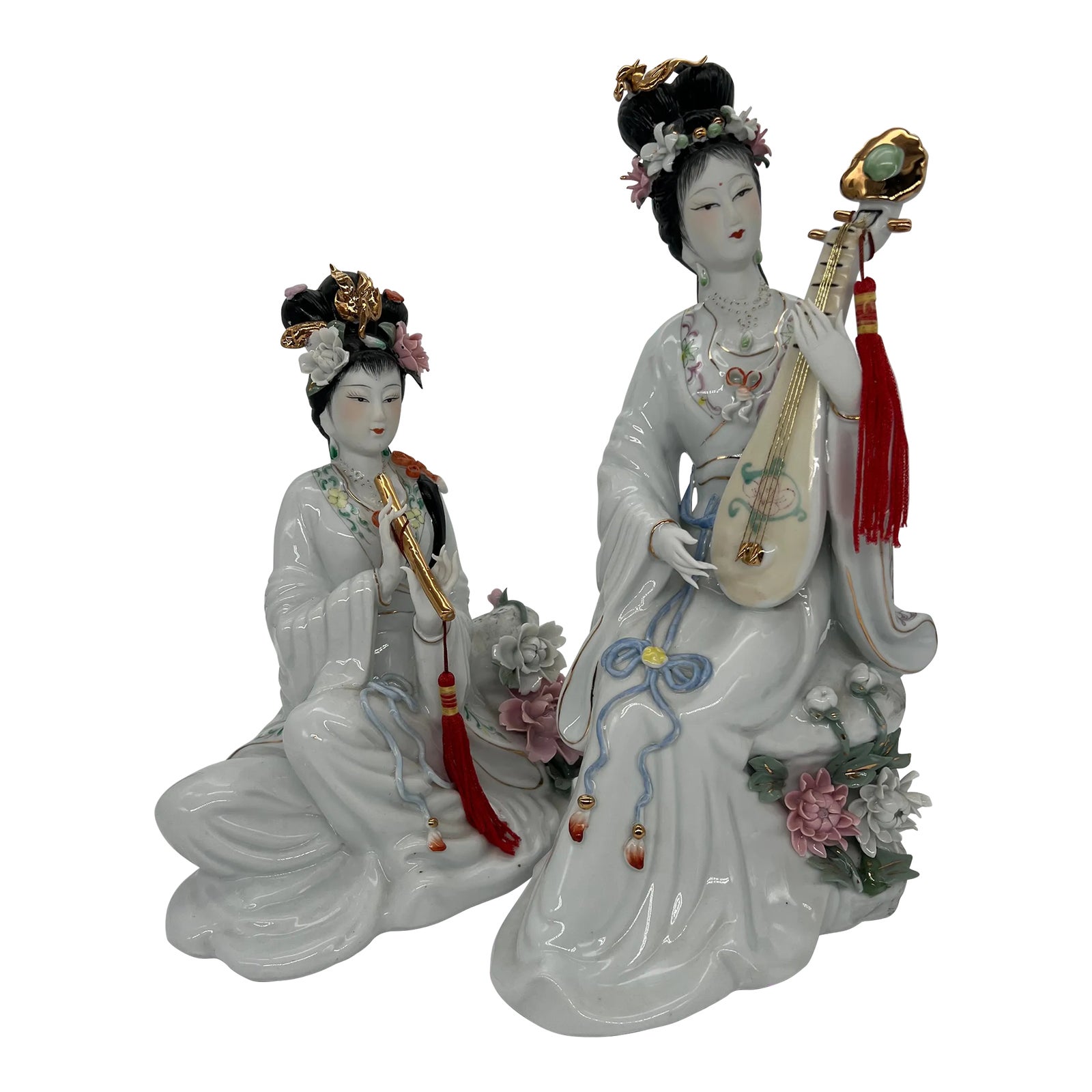Vintage Asian Geisha Musician Figurines a Pair | Chairish