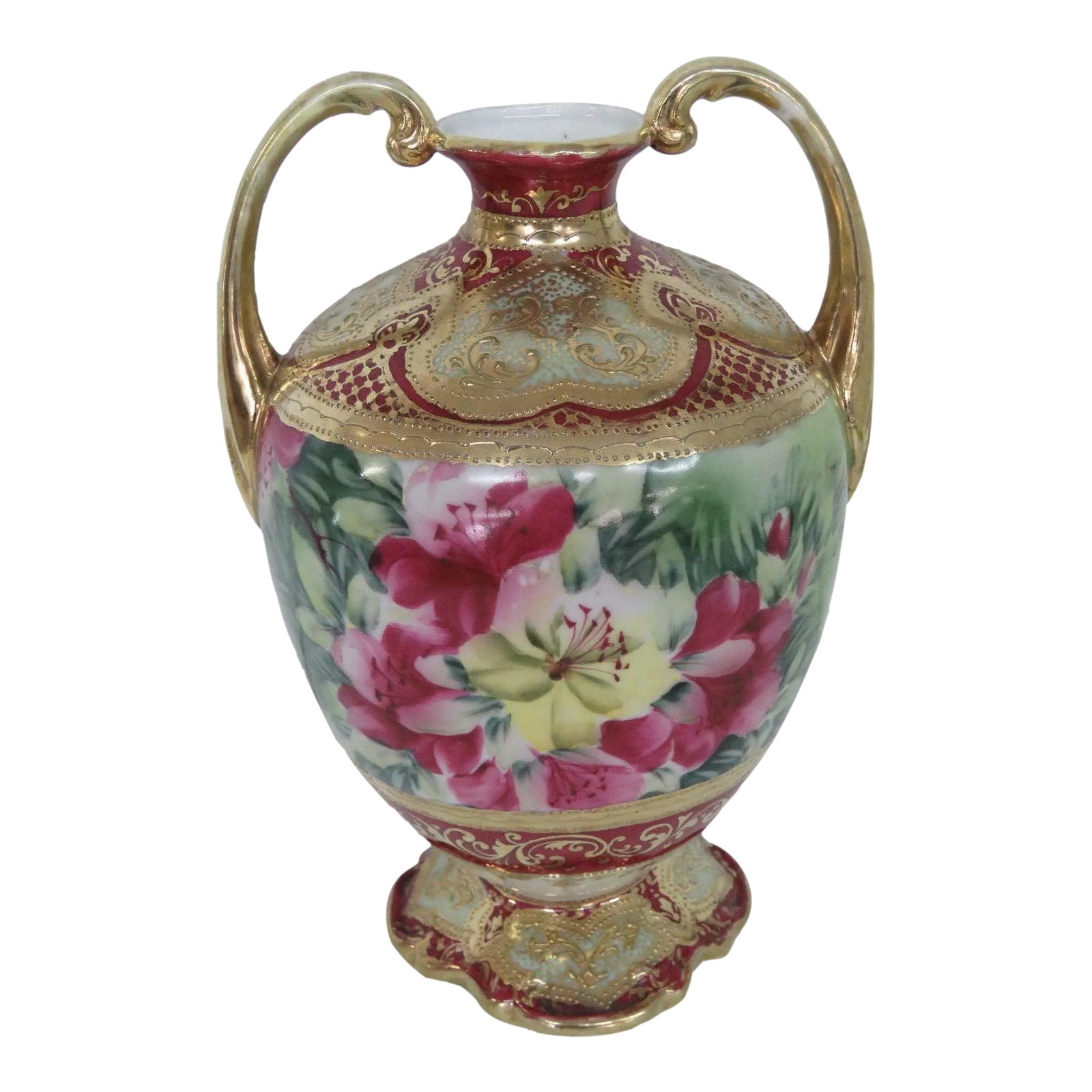 Nippon Hand Painted Flowers Vase With Two Gilded Handles | Chairish