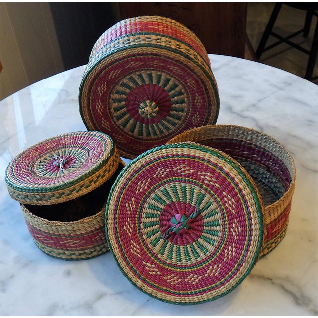 1960s Mid-Century Red & Green Nesting Baskets With Lids, - Set of 3 ...