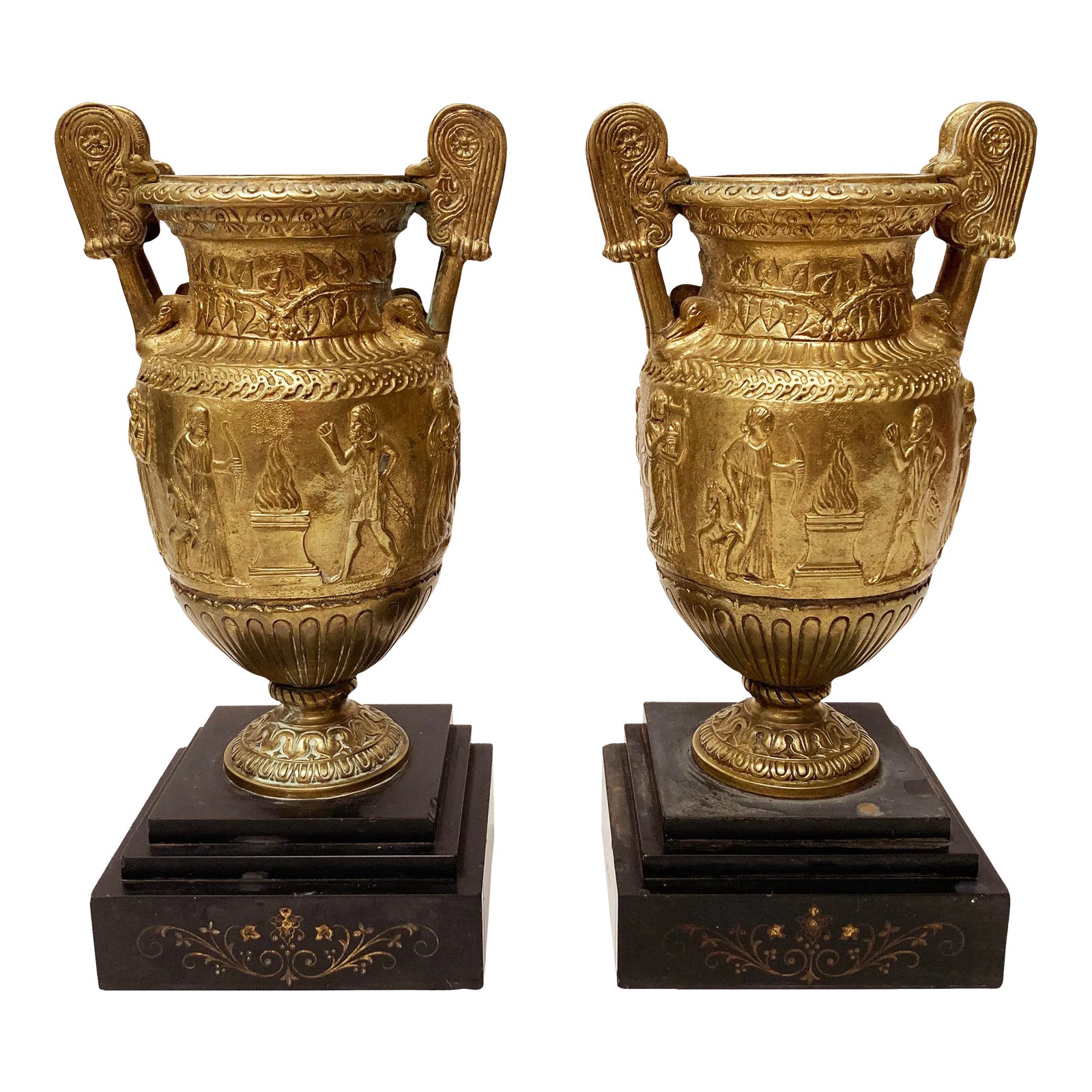 Early 19th Century Bronze French Grand Tour Urns (Pair) on Three-Tiered ...