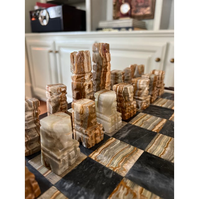 Antique Hand-Carved Wood Pedestal Chess Table With Inset Marble Board ...