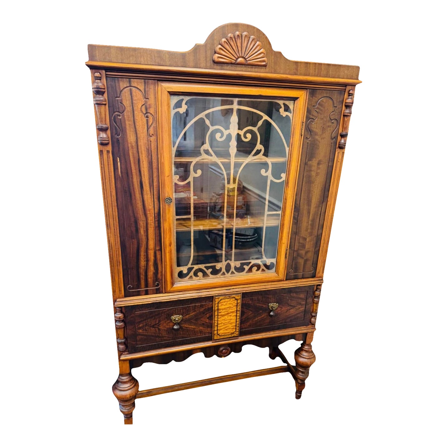 Antique Jacobean Style Display Cabinet With Leaded Glass | Chairish