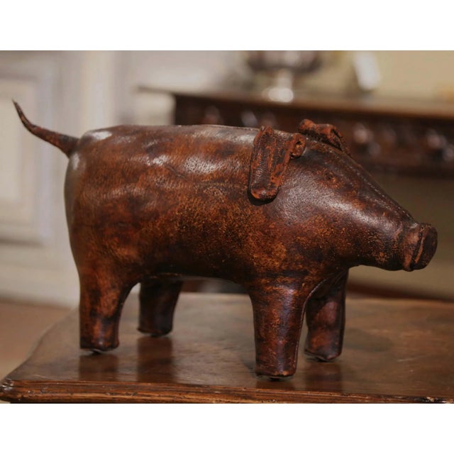 Early 20th Century English Brown Patinated Leather Pig Footstool | Chairish