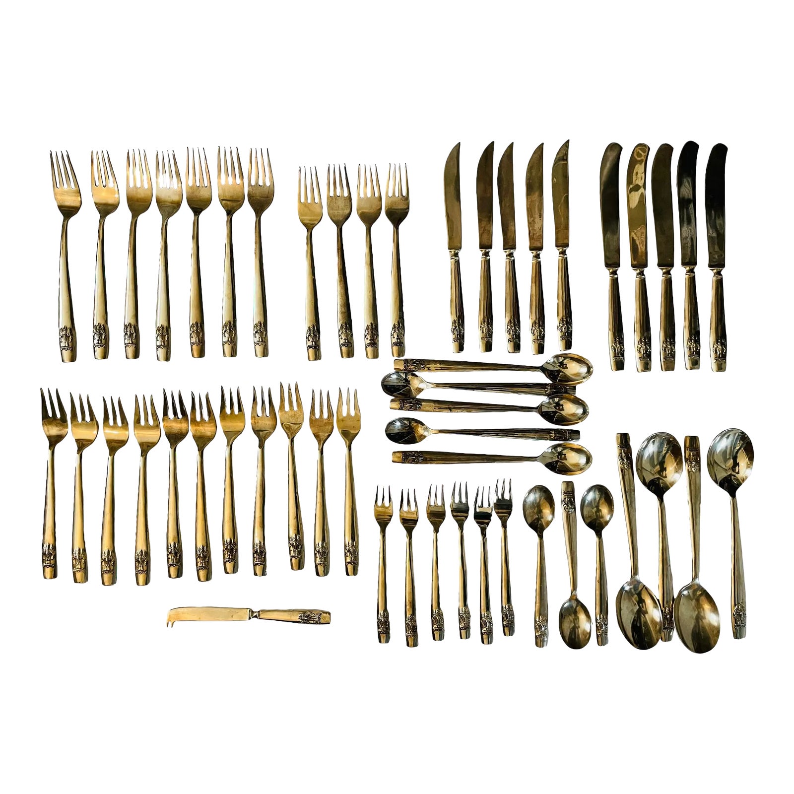Vintage 51 Pcs Vintage Thailand Brass Flatware Elephant Design | Chairish