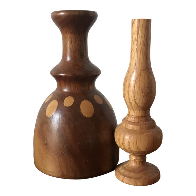 Mid 20th Century Hand Turned Wood Weed Pot Bud Vases - Set of 2 | Chairish