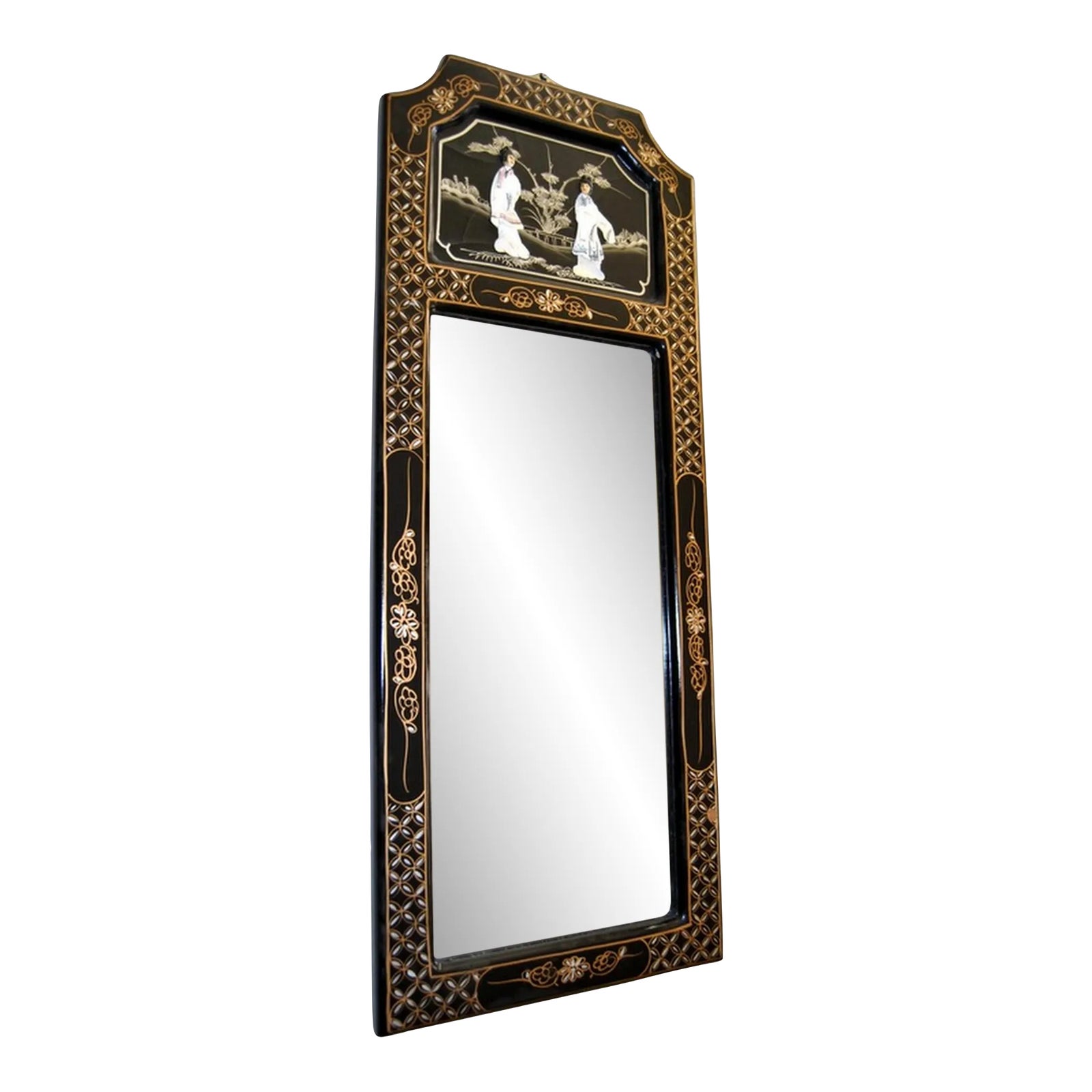 Black Lacquer Chinese Mirror With Maiden Figurines | Chairish