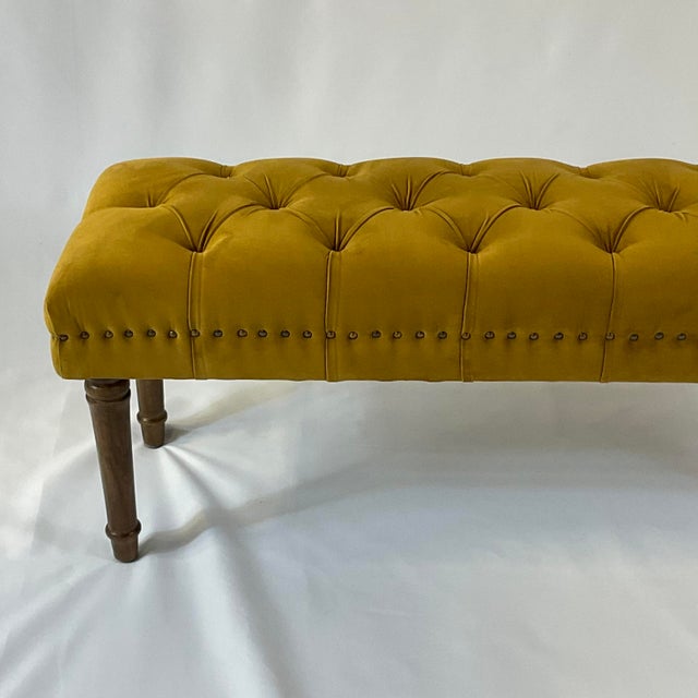 Vintage Traditional Tufted Velvet Bench in Mustard With Nailhead ...