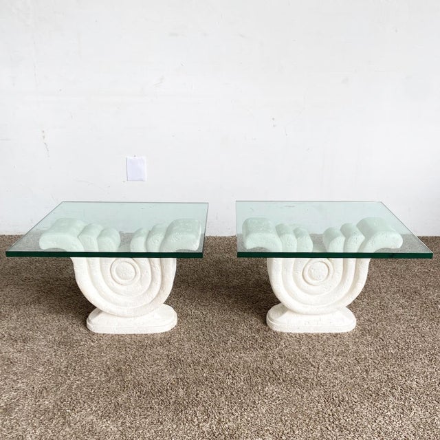 Postmodern Sculpted Plaster Glass Top Side Tables - a Pair | Chairish