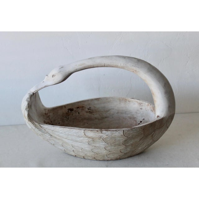 Large Hand Carved Wood Swan Basket White Finish Vintage Mid-Century ...