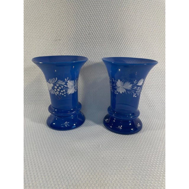 Small Vintage Royal Blue Hand Painted Opaline Vases - a Pair | Chairish
