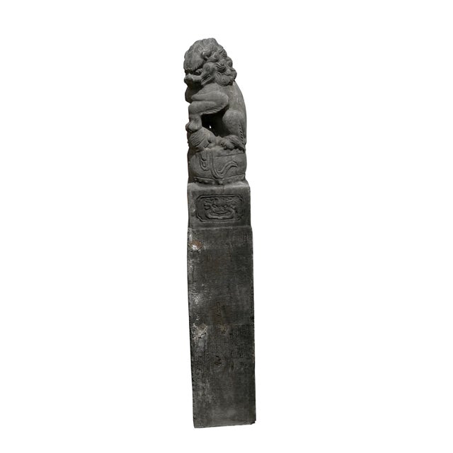 Chinese Pair Gray Stone Fengshui Foo Dogs Lion Slim Pole Statues | Chairish