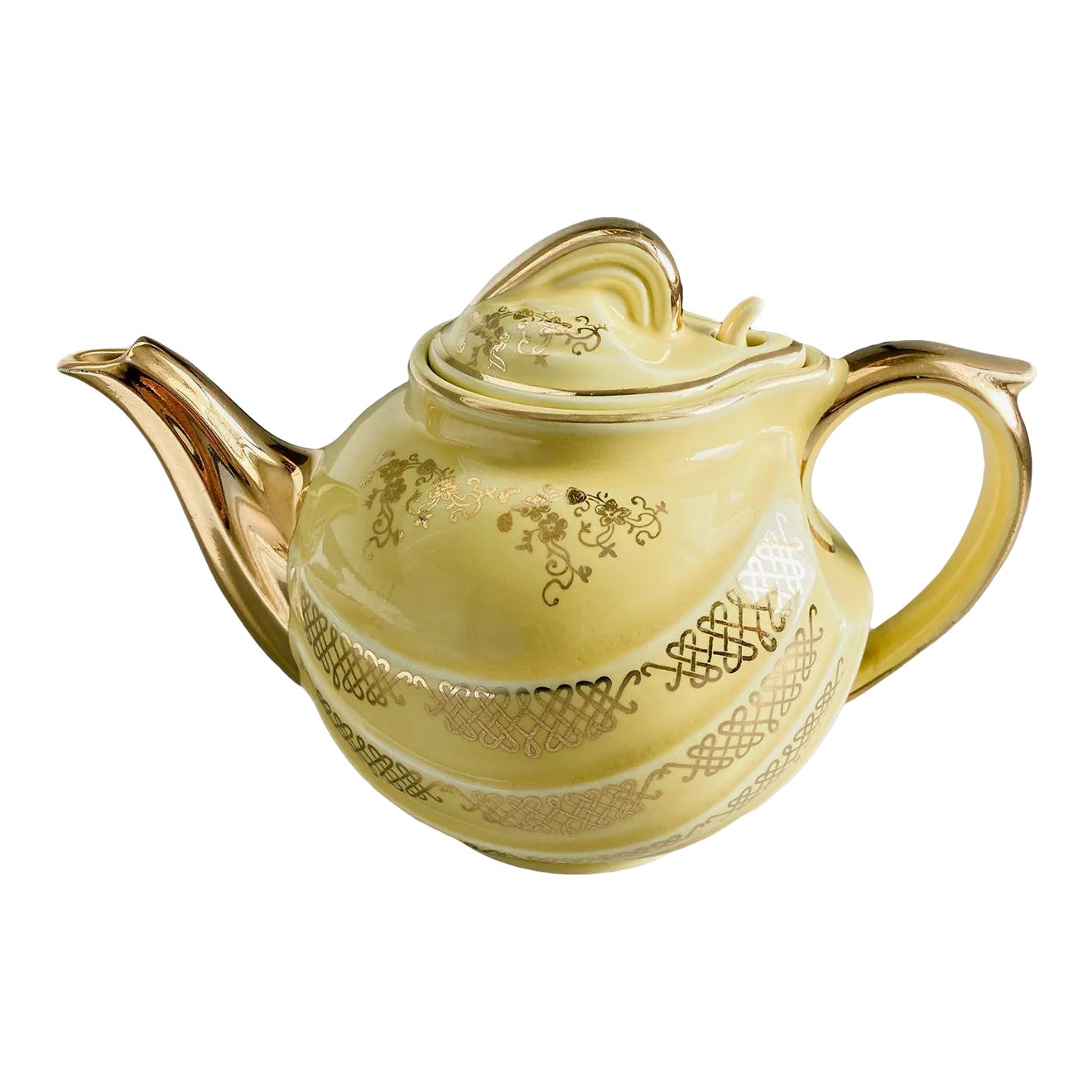 Hall China Canary Yellow & Metallic Gold Tea Pot, 1930's | Chairish