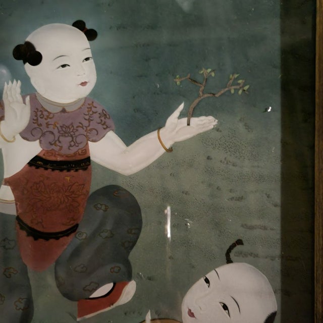 Antique Chinese Reverse Painting of Boy Playing Sheng | Chairish