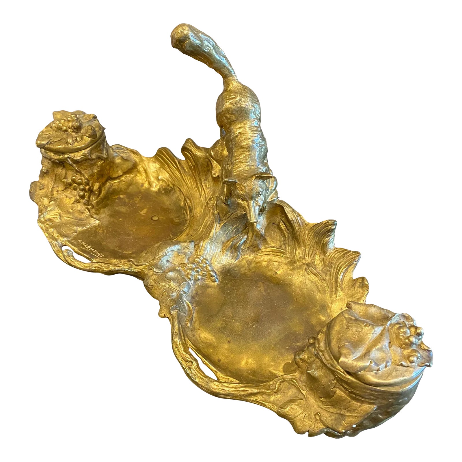19th Century A. Marionnet Double Inkwell With Fox From France | Chairish