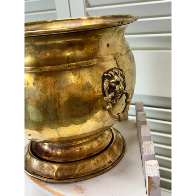 Bulb Shape Hammered Brass Cachepot With Lion Head Mounts | Chairish