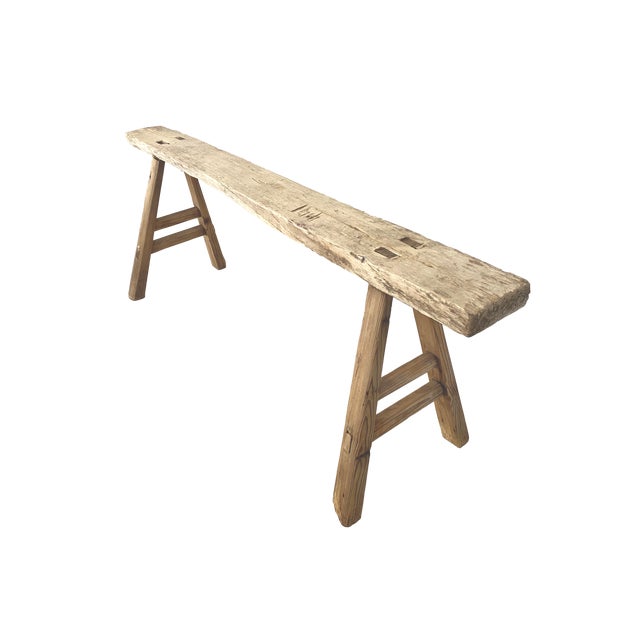 Rustic Elm Wood Long Bench | Chairish