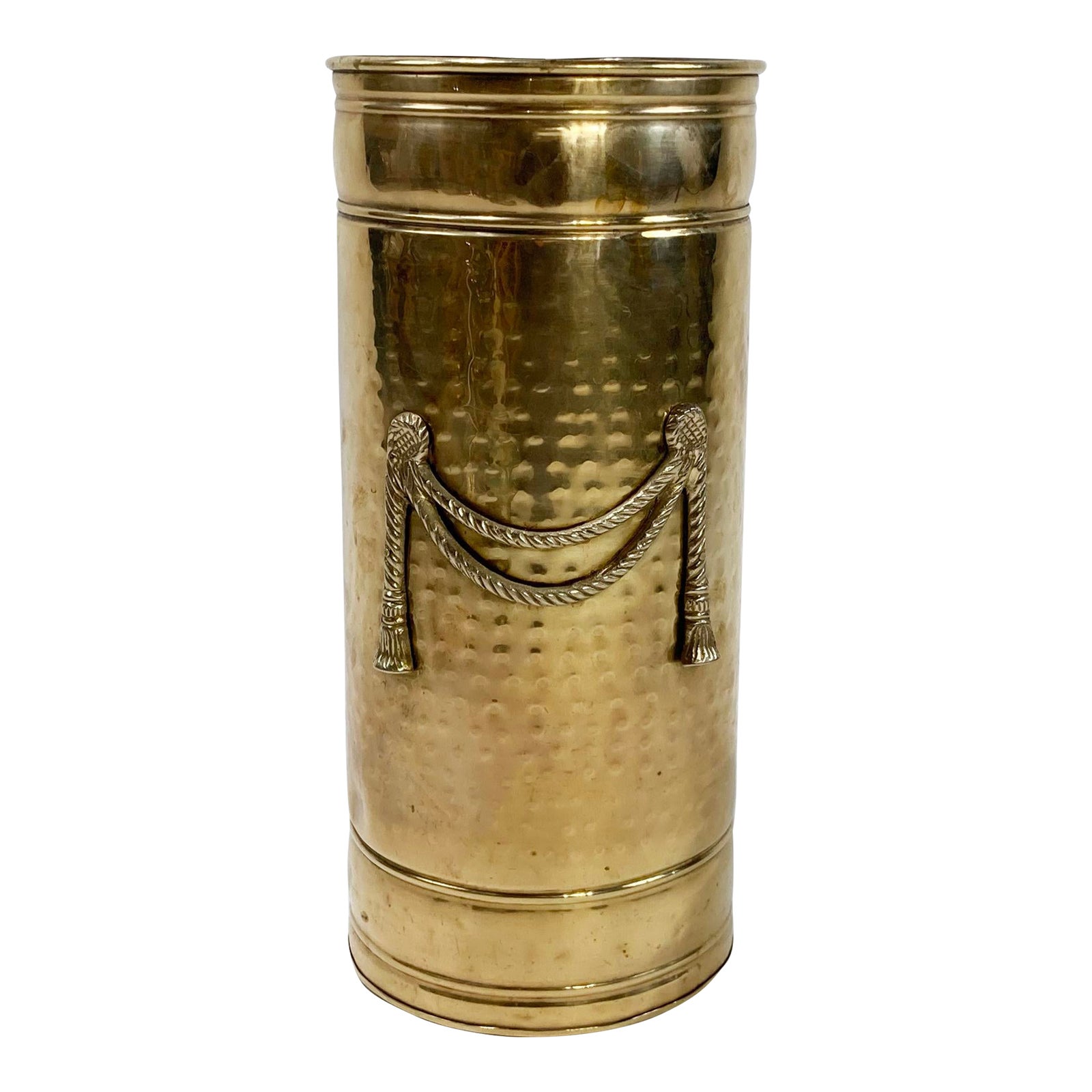 Vintage Hammered Brass Rope Tassel Motif Umbrella Stand | Chairish