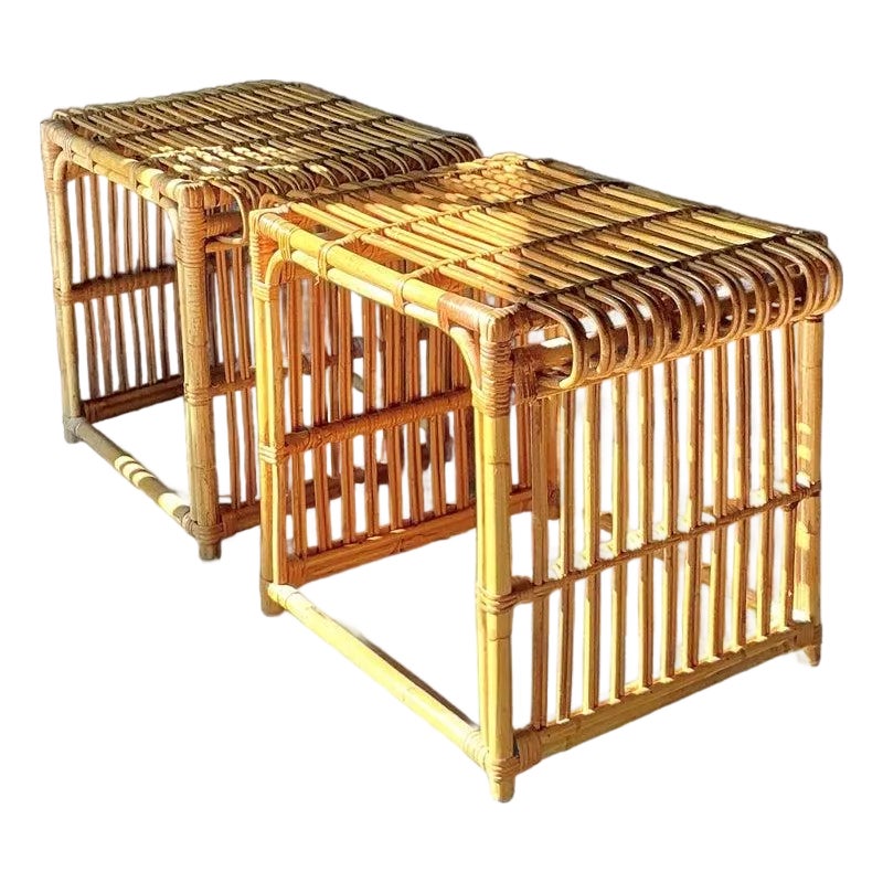 Vintage Boho Stick Rattan Side Tables - A Pair | Chairish