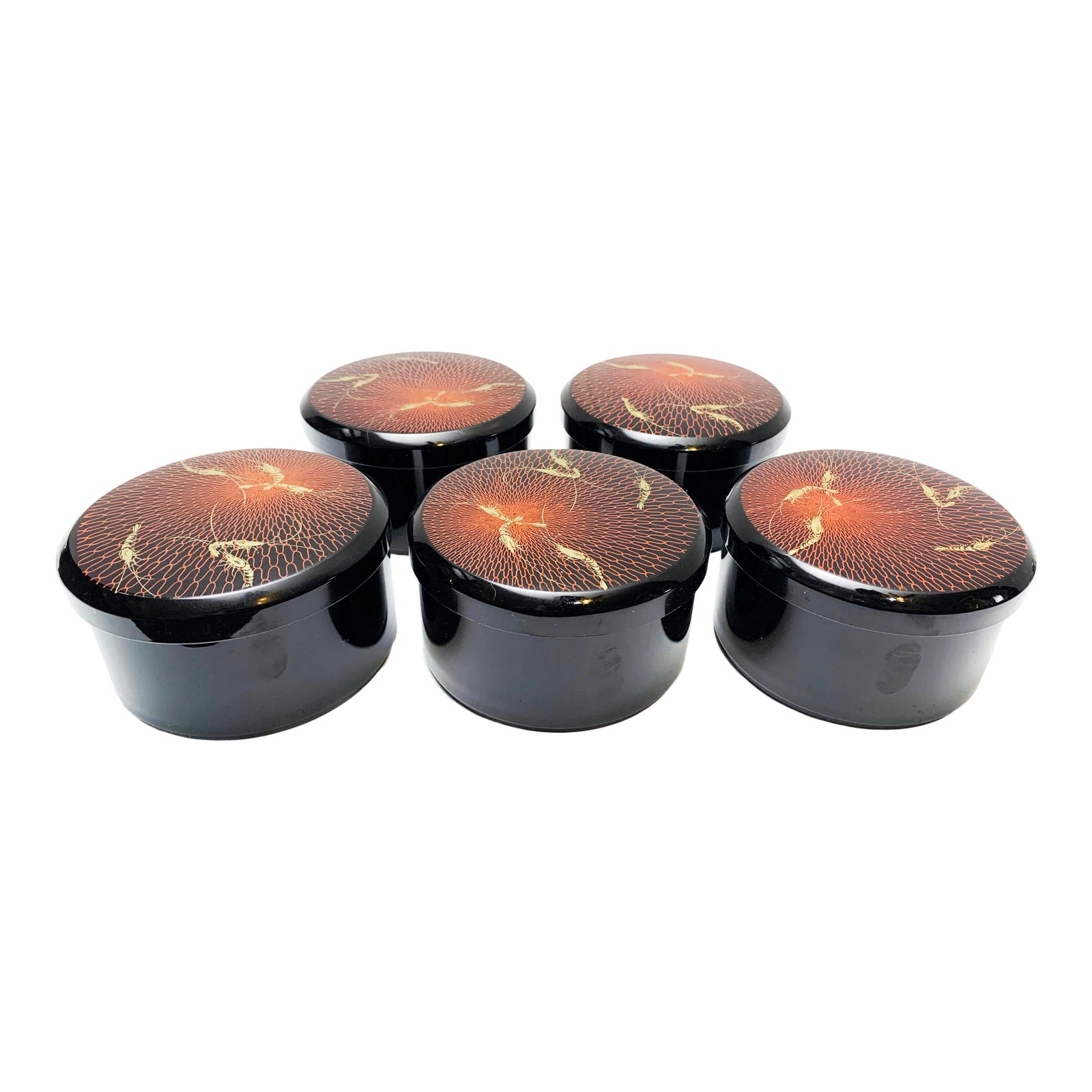 Mid-Century Lacquerware Round Black Boxes With Decorative Prawn Lids ...