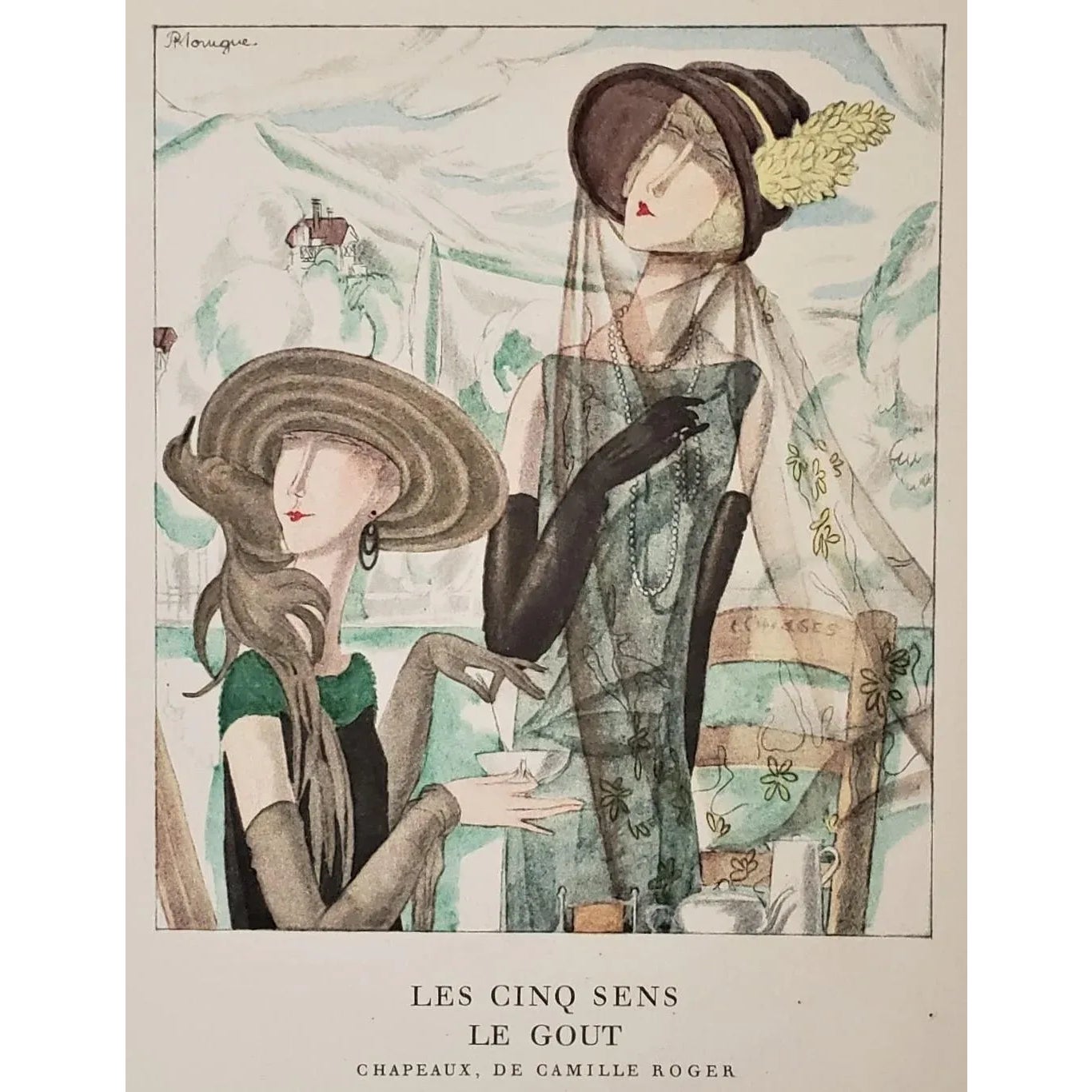 1922 French Fashion Pochoir, Women Having Tea | Chairish