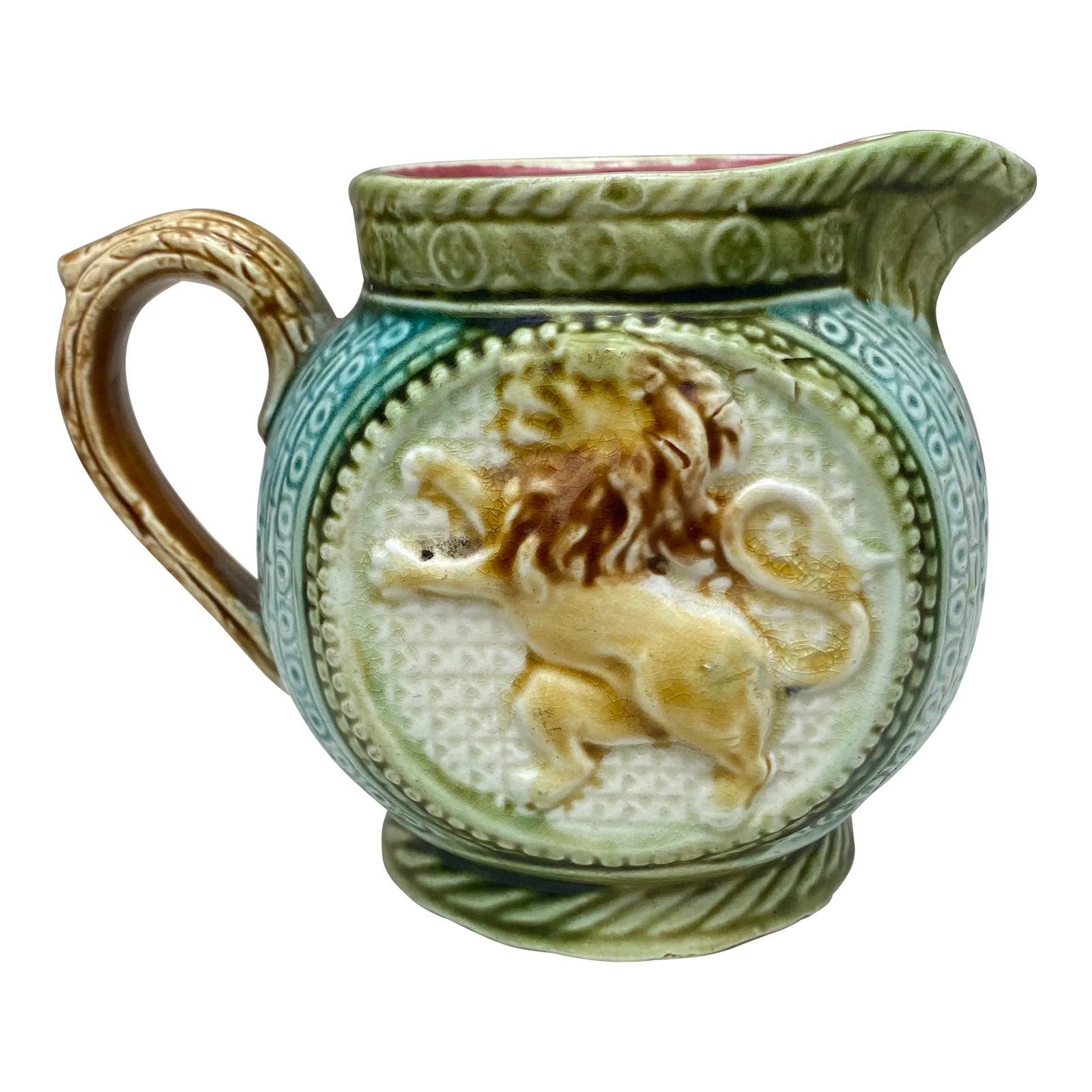 Small French Majolica Lion Pitcher Onnaing, Circa 1900 | Chairish