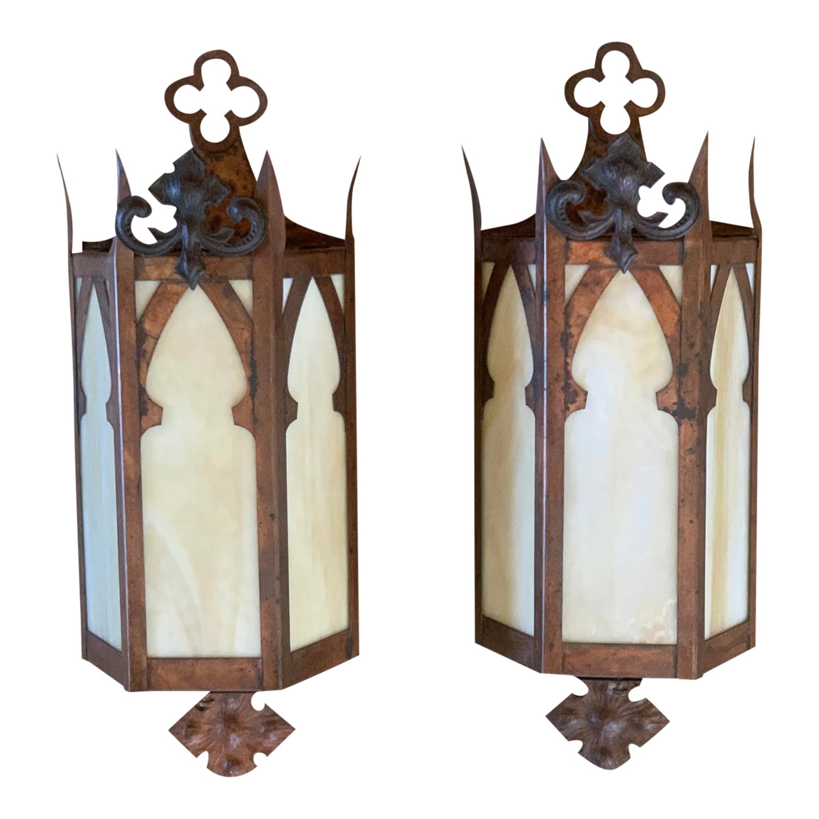 1910 Gothic Iron and Original Slag Glass Copper Flashed Wall Sconces ...