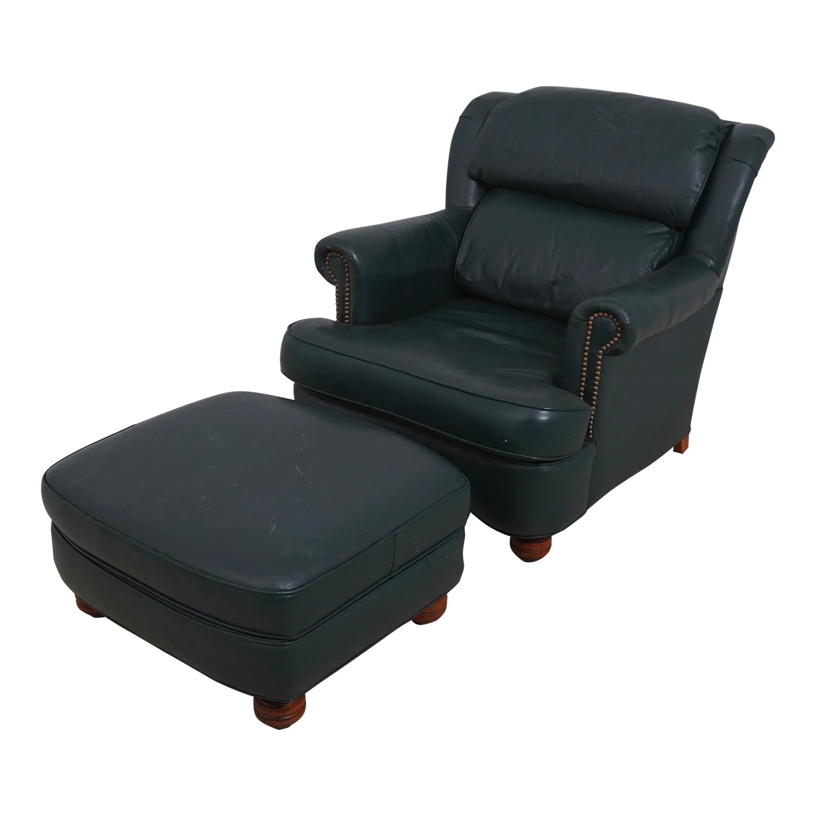 Sam Moore Hunter Green Leather Chair & Ottoman | Chairish