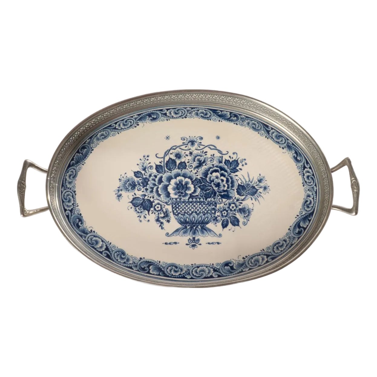 Vintage Blue and White Delft and Pewter Serving Tray | Chairish