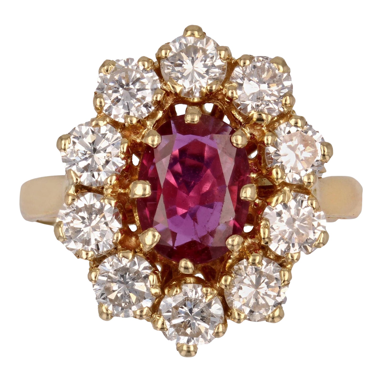 Modern 1.40 Carat Ruby Diamonds 18 Karat Yellow Gold Daisy Ring Size 5. ...