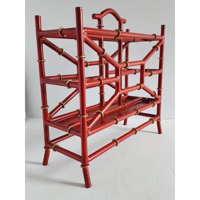 Faux Bamboo Chinoiserie Style Red Painted Magazine Rack | Chairish